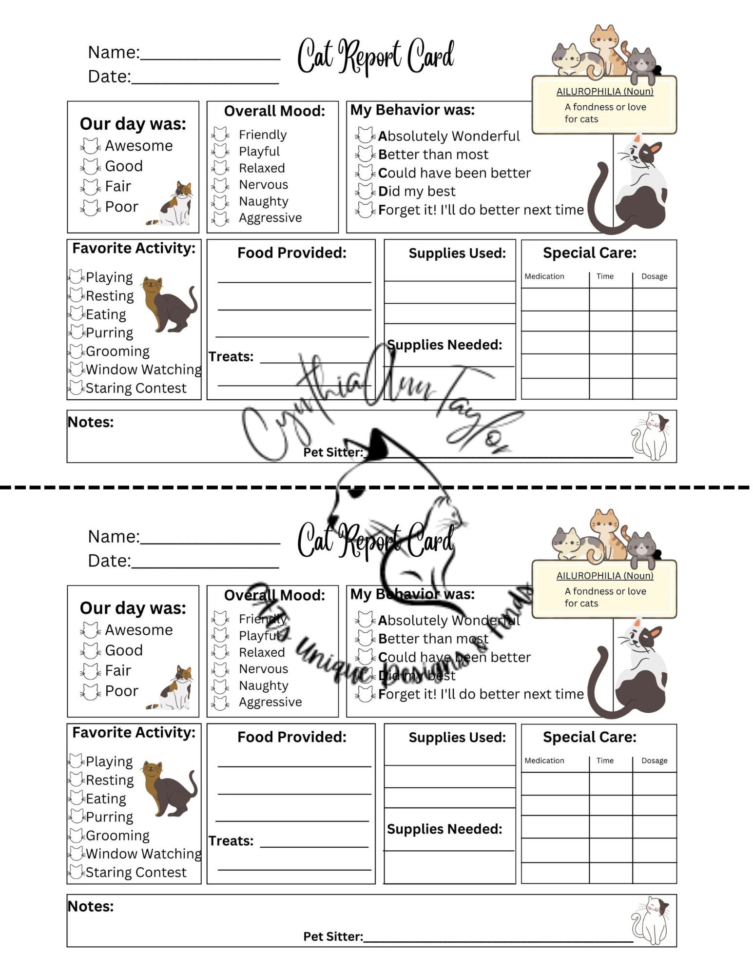 Cat Report Card, Cat Sitter, Pet Report Card, Pet Sitter - Etsy