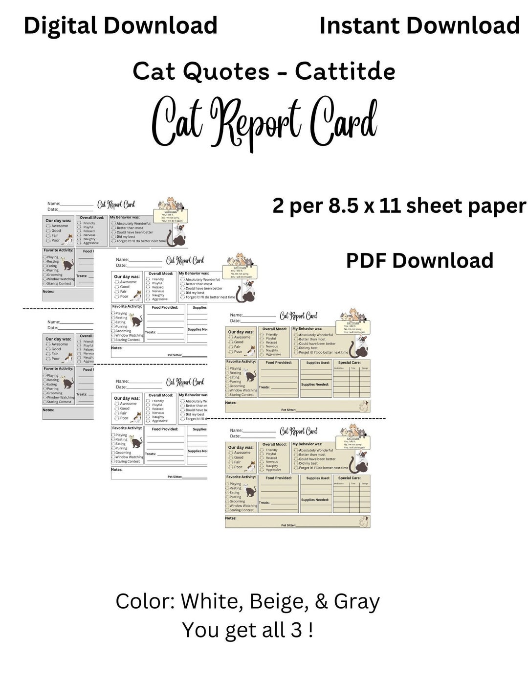 Cat Report Card, Pet Report Card, Cat Sitter Report, Cat Sitter, Cat ...