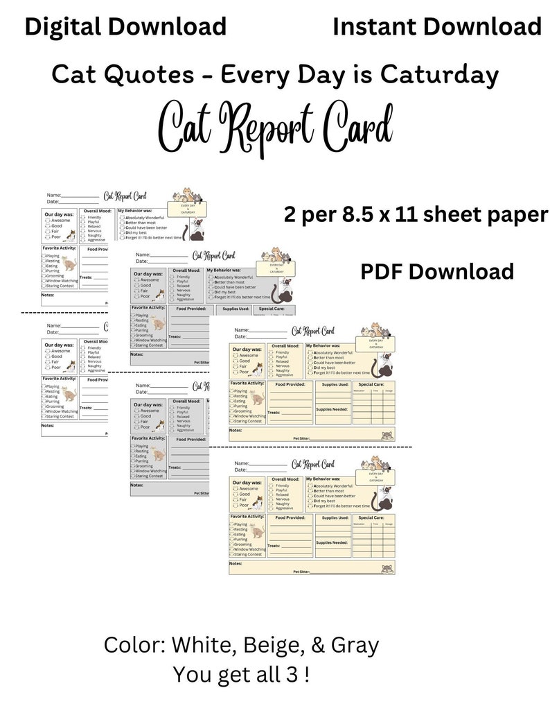 Cat Report Card, Pet Report Card, Cat Sitter Report, Cat Sitter, Cat ...