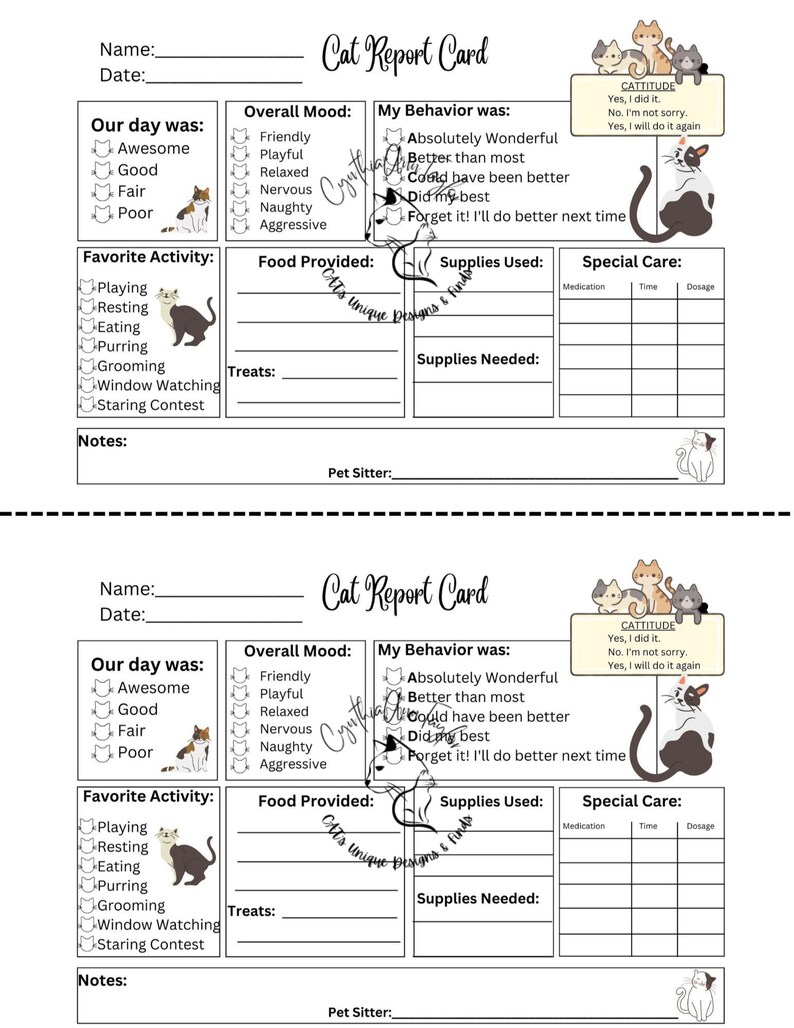 Cat Report Card Pet Report Card Cat Sitter Report Cat - Etsy