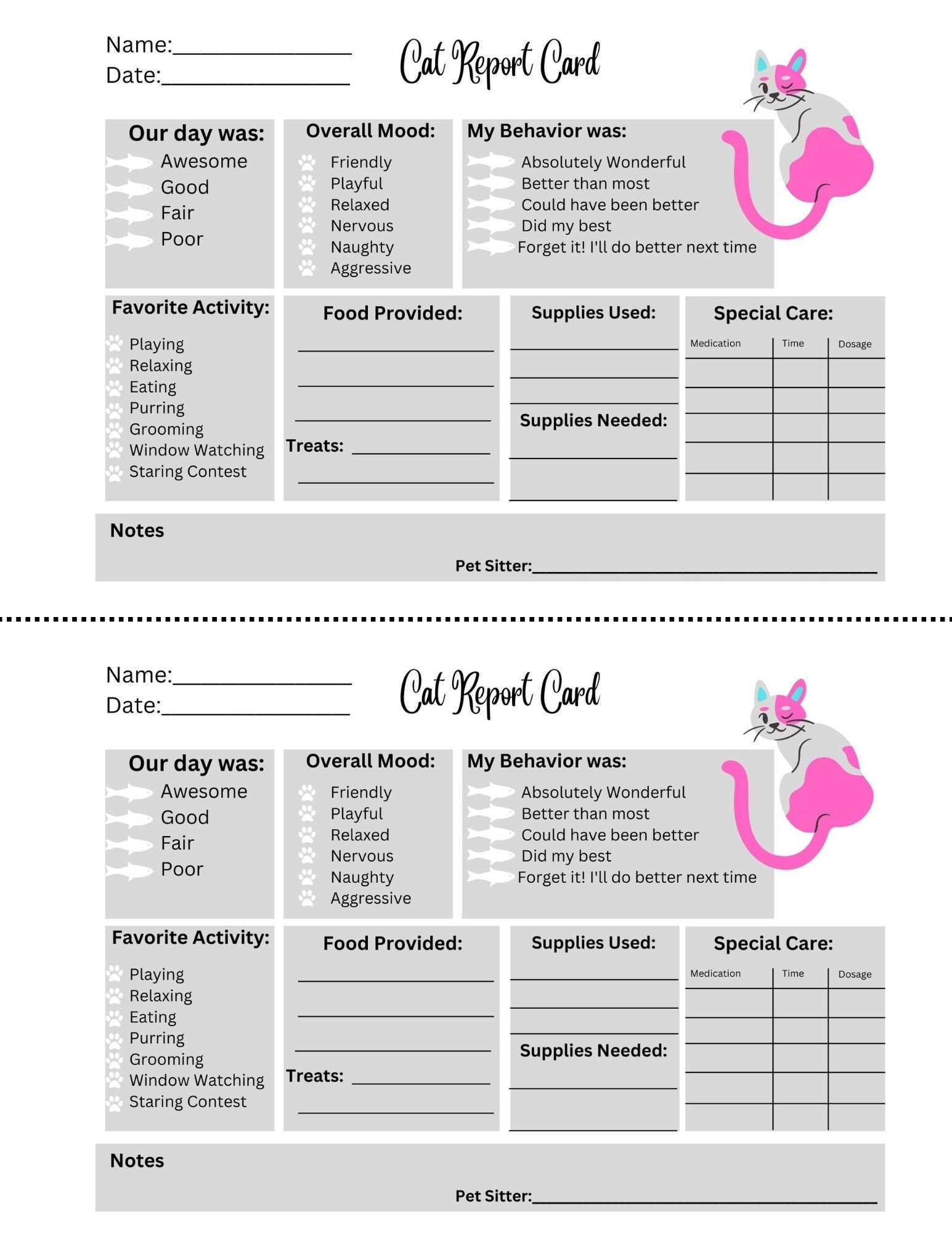 Cat Reort Card Pet Sitter Form Pet Sitter Business Form - Etsy