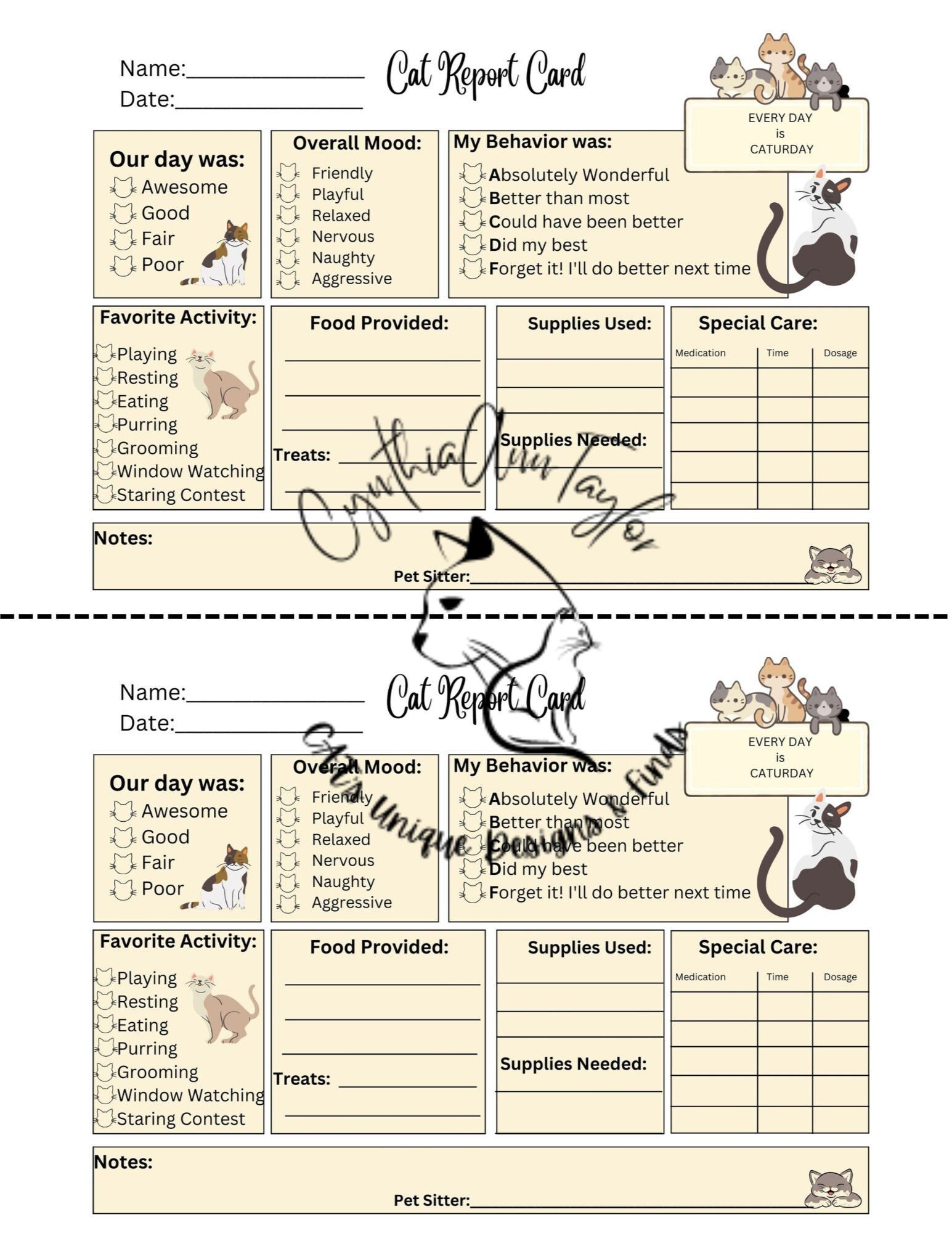 Cat Report Card, Pet Report Card, Cat Sitter Report, Cat Sitter, Cat ...
