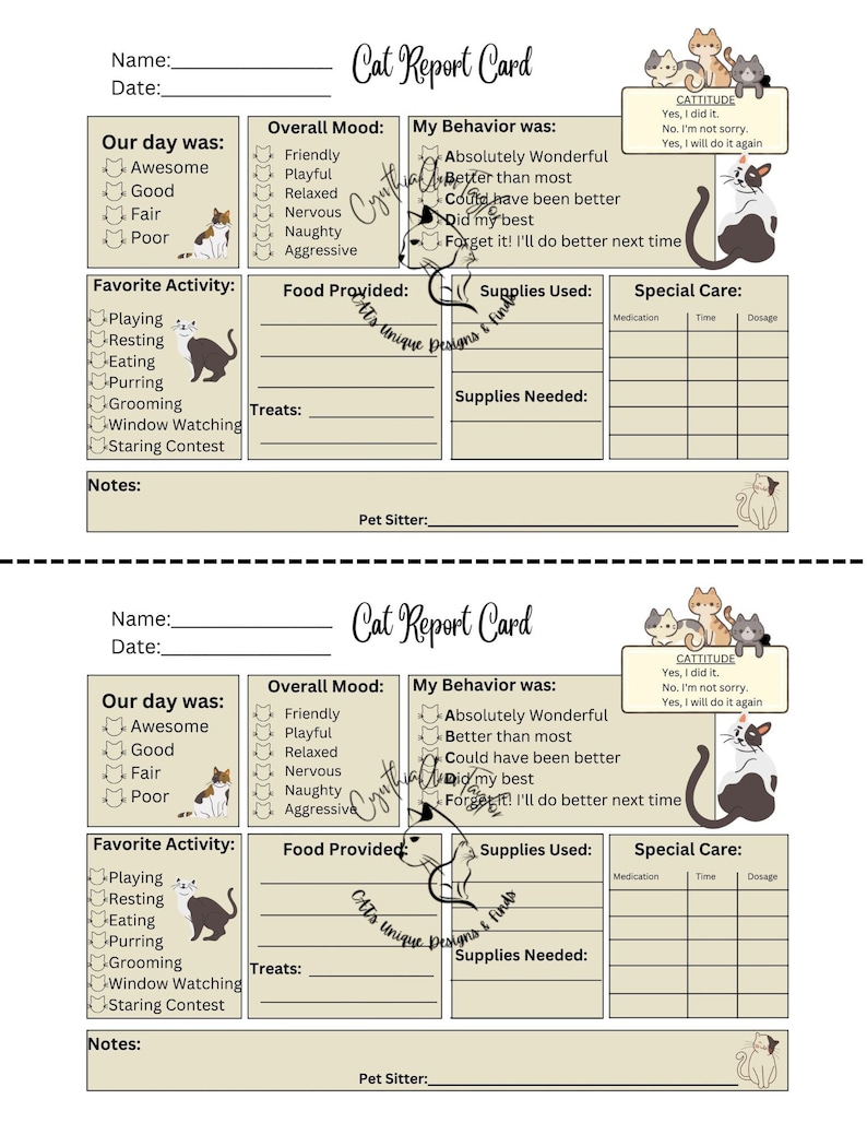 Cat Report Card, Pet Report Card, Cat Sitter Report, Cat Sitter, Cat ...