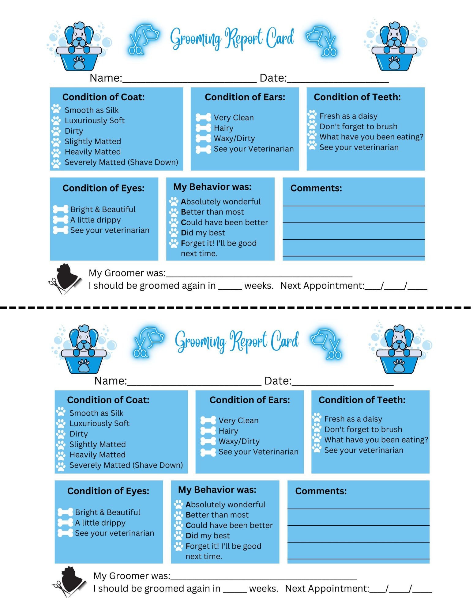 Groomer Report Card, Dog Grooming, Grooming Form, Grooming, Digital ...