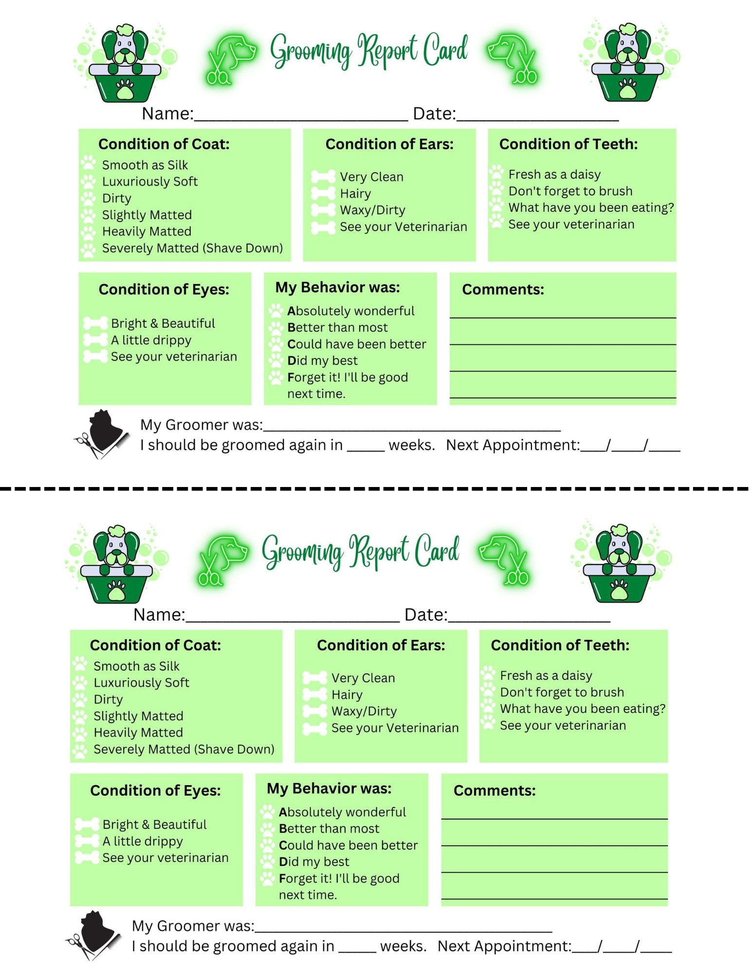 Groomer Report Card, Dog Grooming, Grooming Form, Grooming, Digital ...