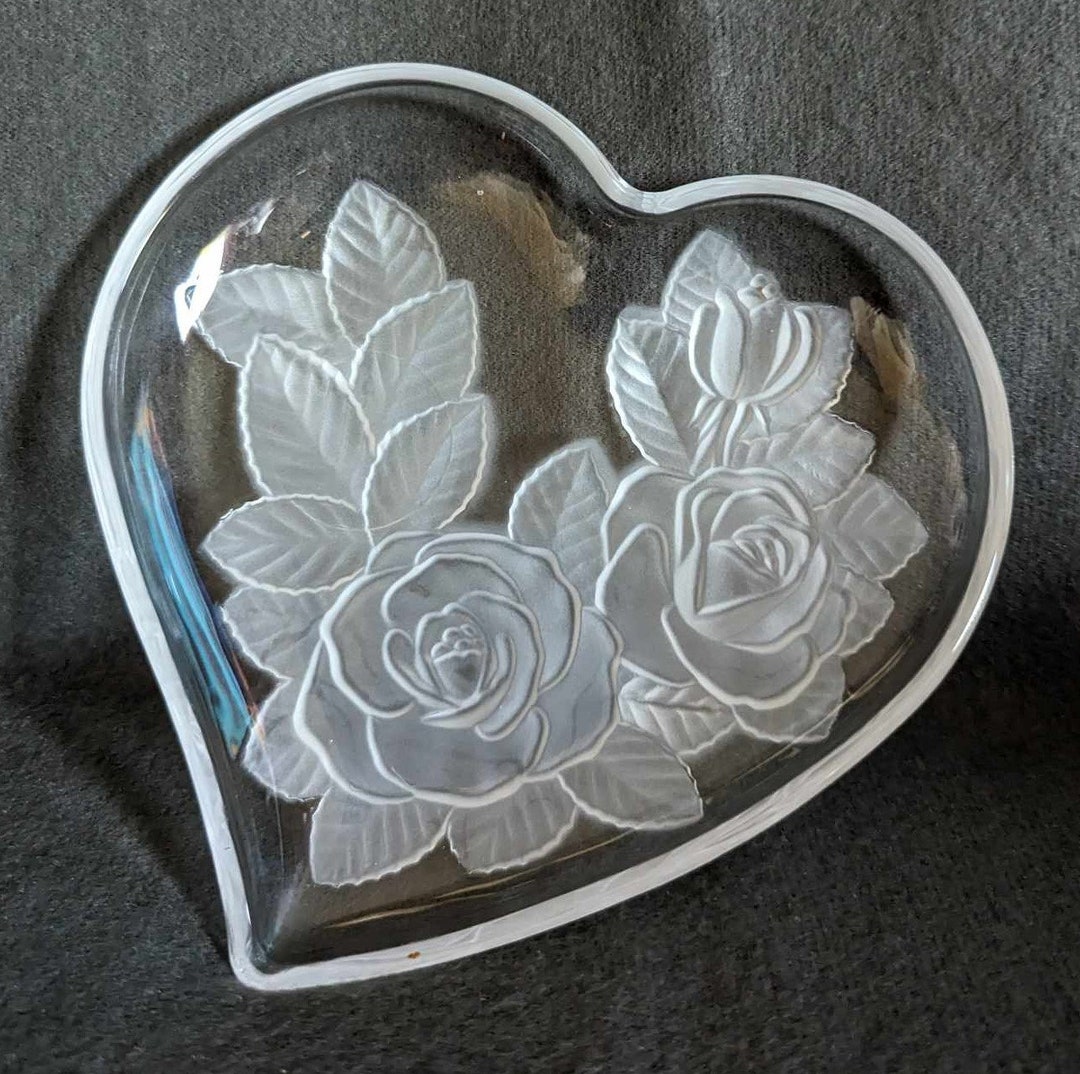 Vintage Heart Shaped Clear Glass Dish Featuring Large Embossed Frosted ...