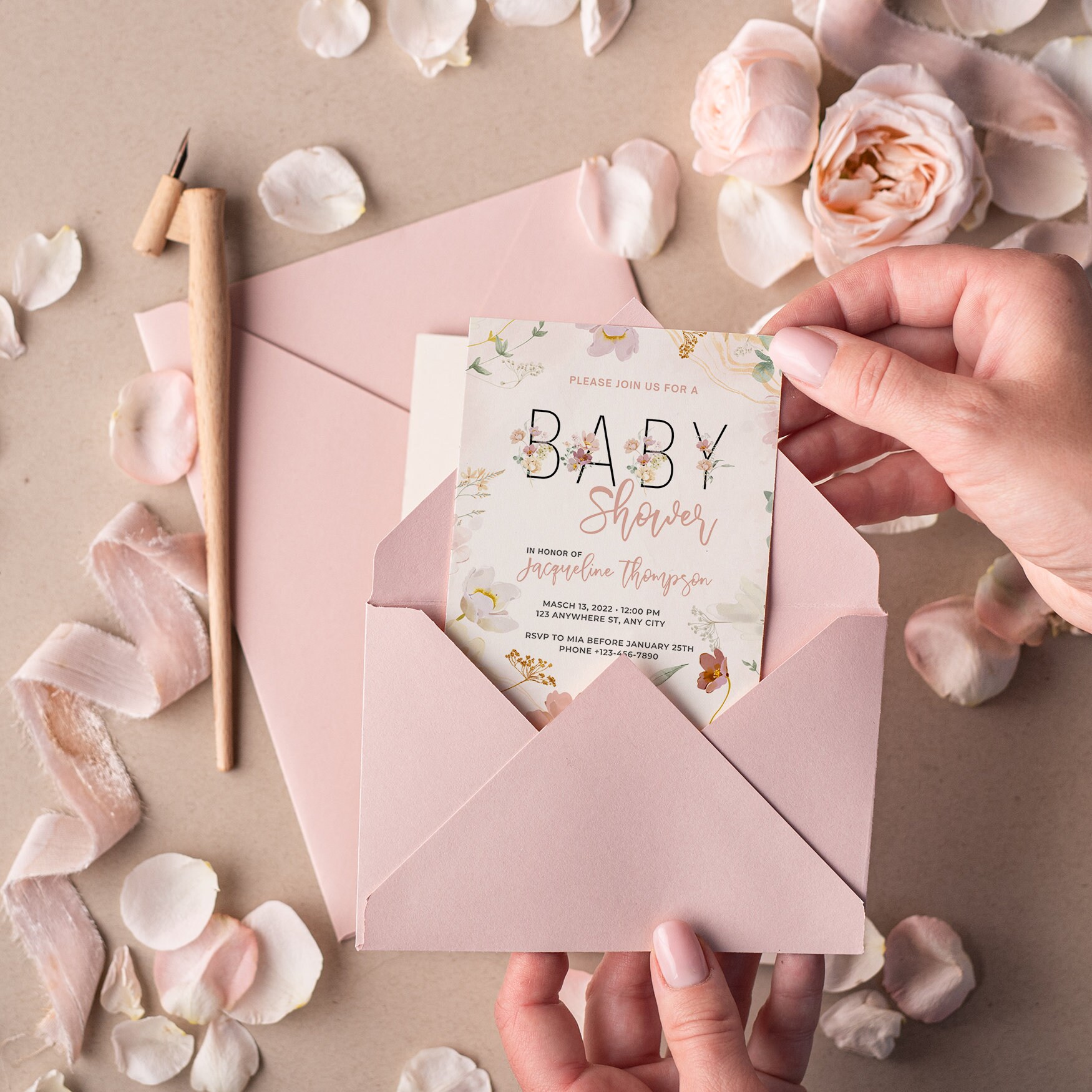 Pink Baby Shower Invitation, Invitation Set, Floral 5x7 Invite INSTANT ...