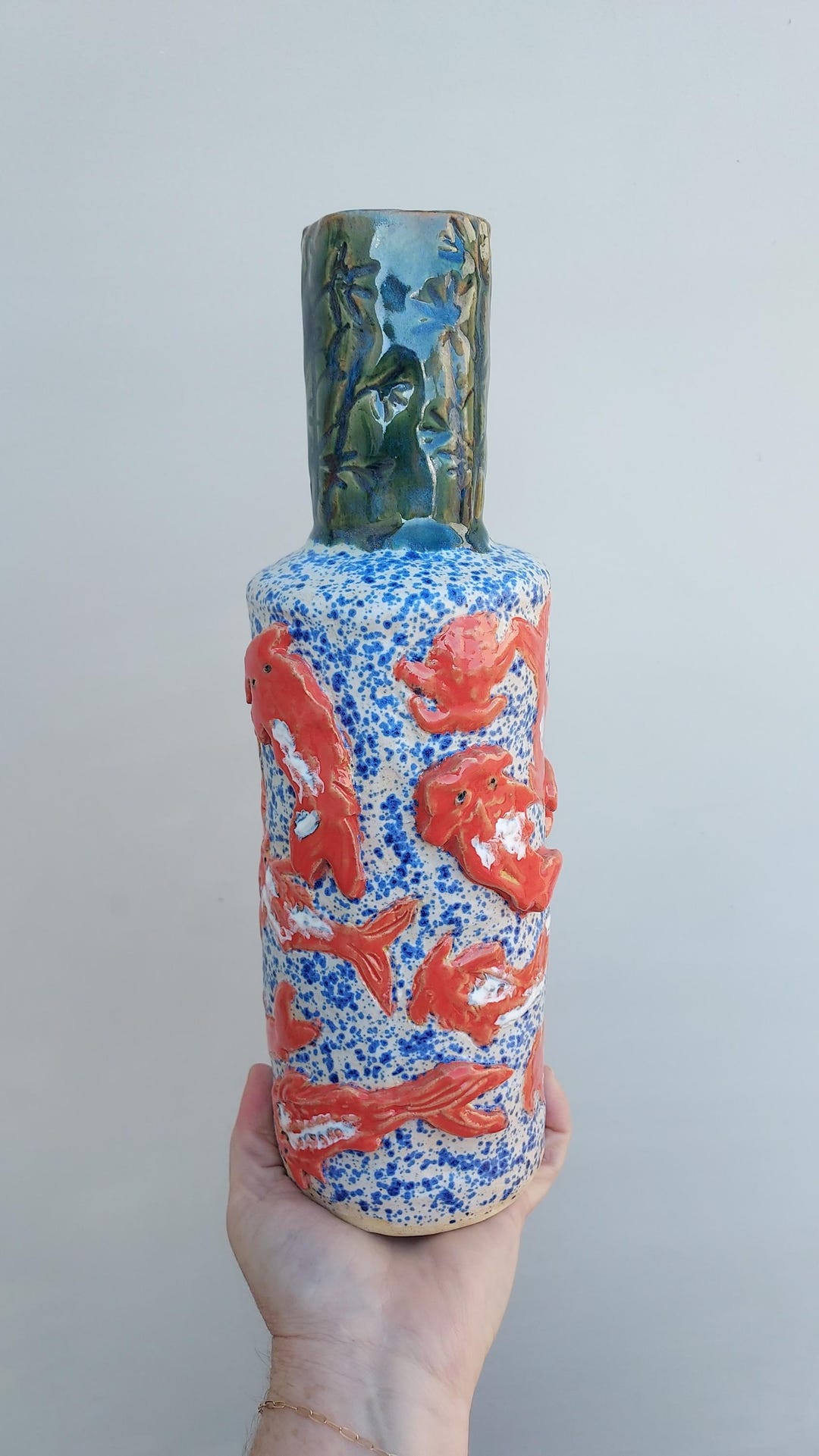 Handmade Asian Inspired Ceramic Mallet Vase Koi Fish Bamboo Art Pottery ...
