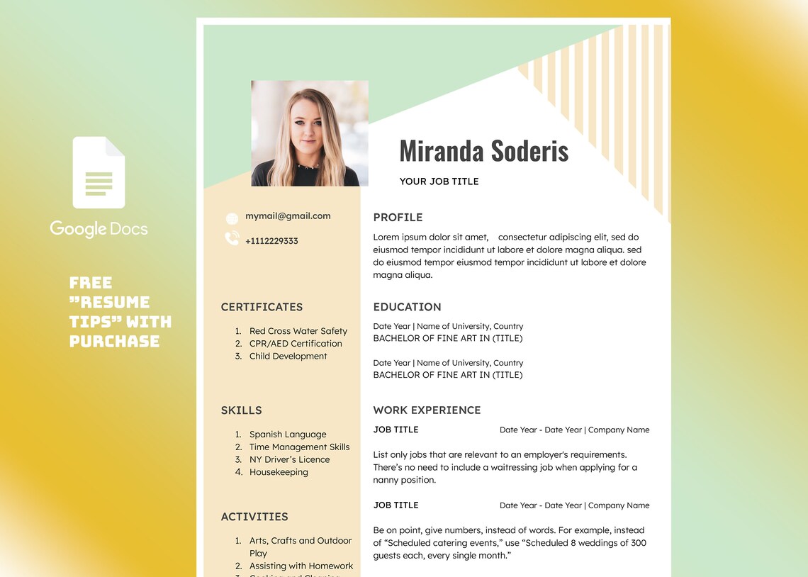 Nanny Resume Template and Cover Letter for Google Docs, Customizable ...
