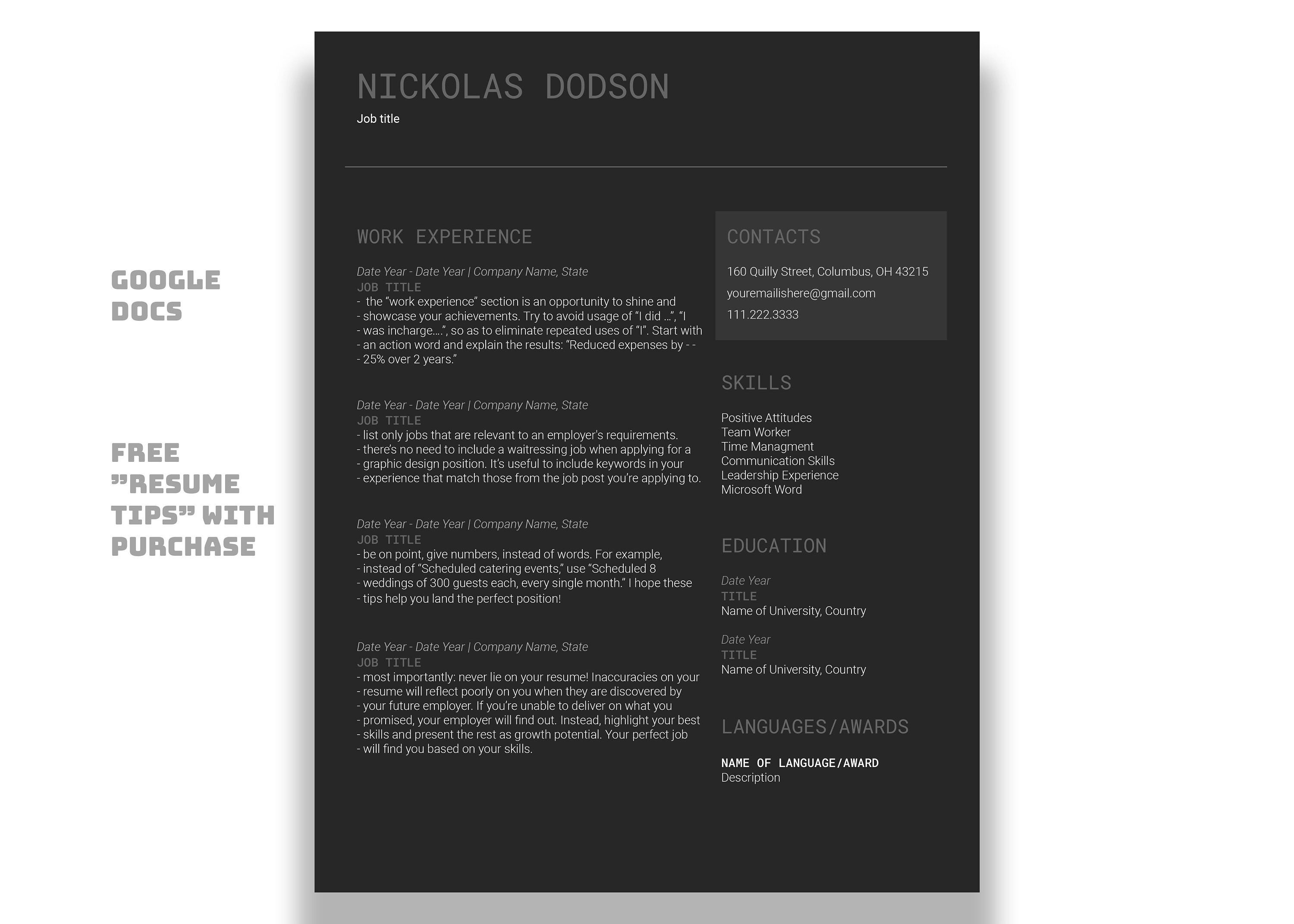 Resume Template for Google Docs, Minimalistic Design, Customizable to ...