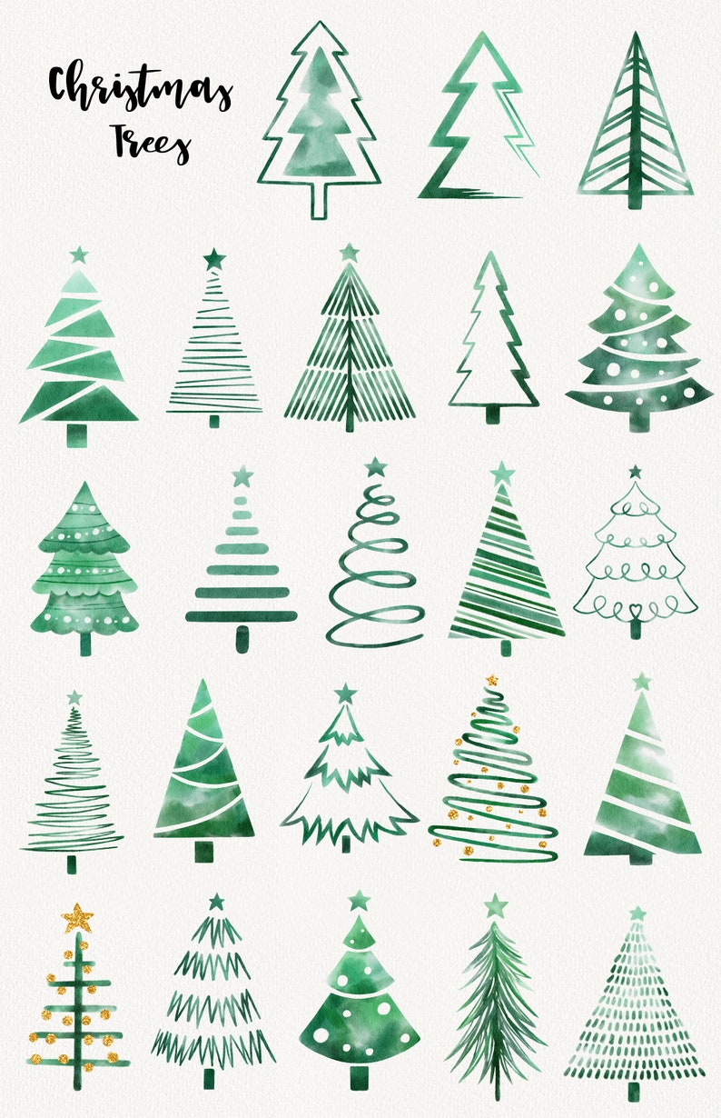 Christmas Tree Clipart Watercolor Trees Doodles Winter - Etsy