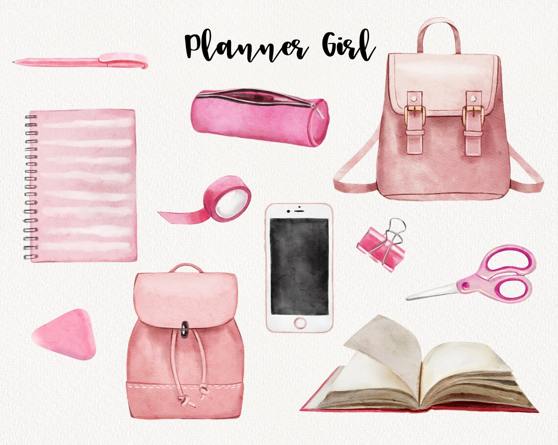 Planner Girl Watercolor Clipart School Supplies Clipart Back - Etsy