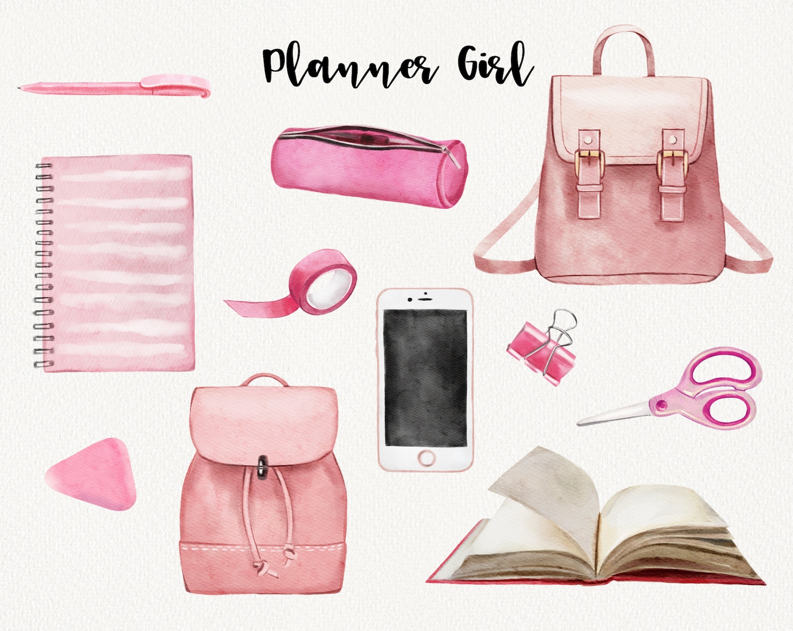 Planner Girl Watercolor Clipart School Supplies Clipart Back - Etsy