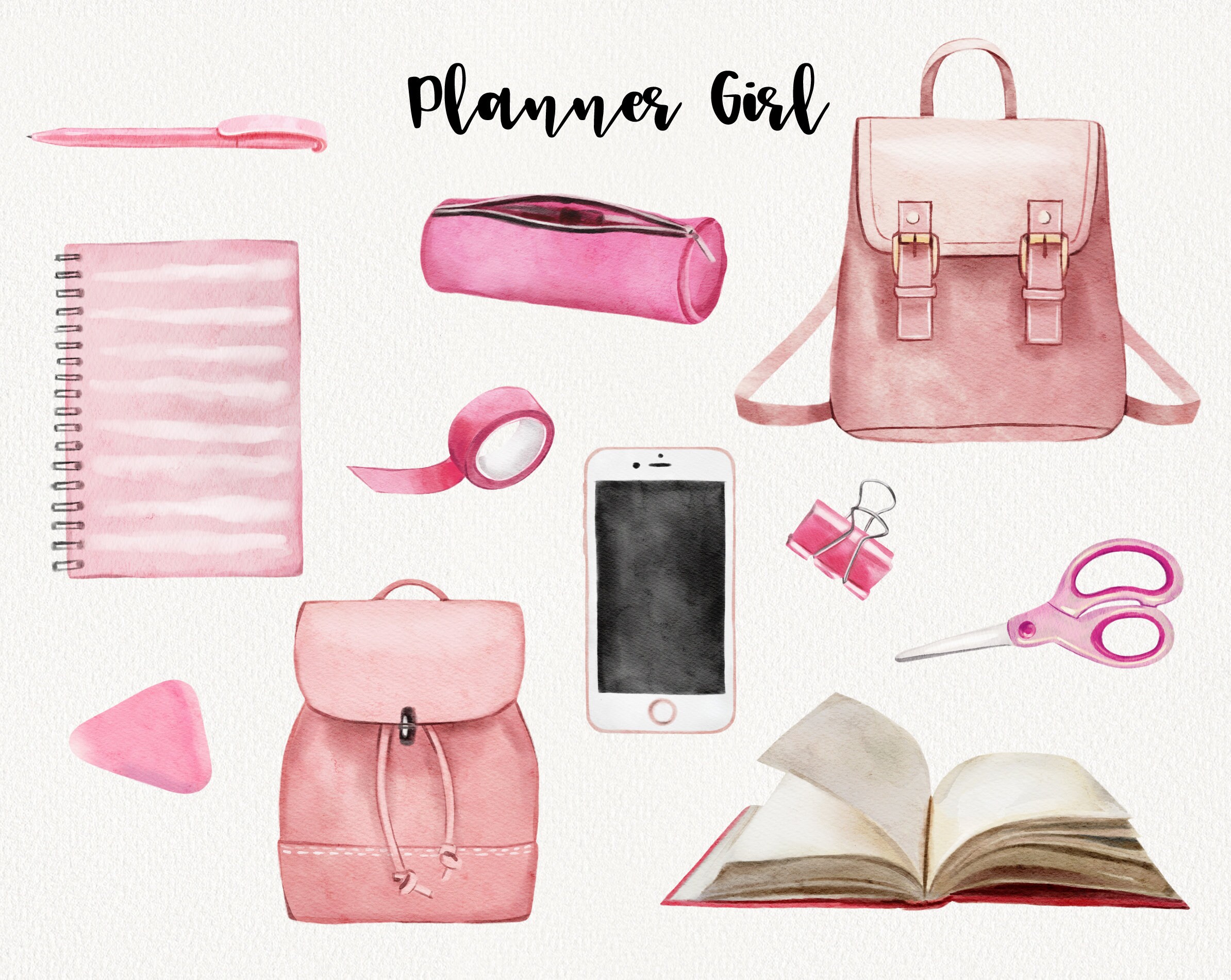 Planner Girl Watercolor Clipart, School Supplies Clipart, Back to ...