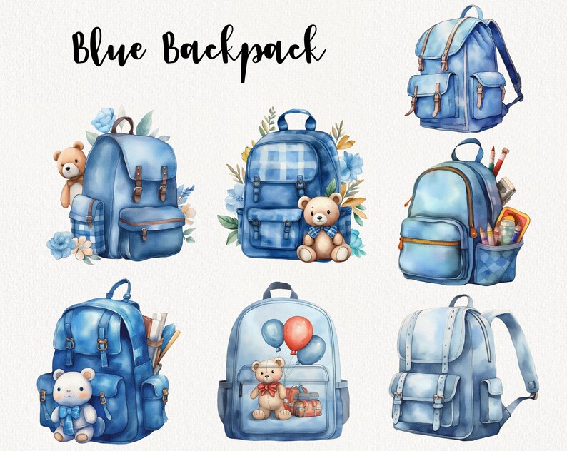 Watercolor Blue Backpack clipart, Back to School, Planner Clip Art ...