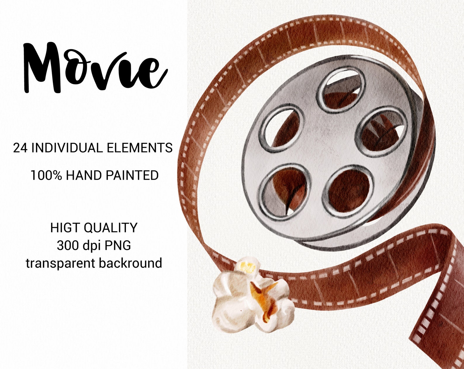 Movie Clipart, Watercolor Cinema Clipart, Summer Clip Art, Film ...
