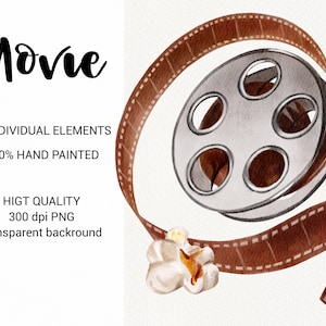 Movie Clipart, Watercolor Cinema Clipart, Summer Clip Art, Film ...