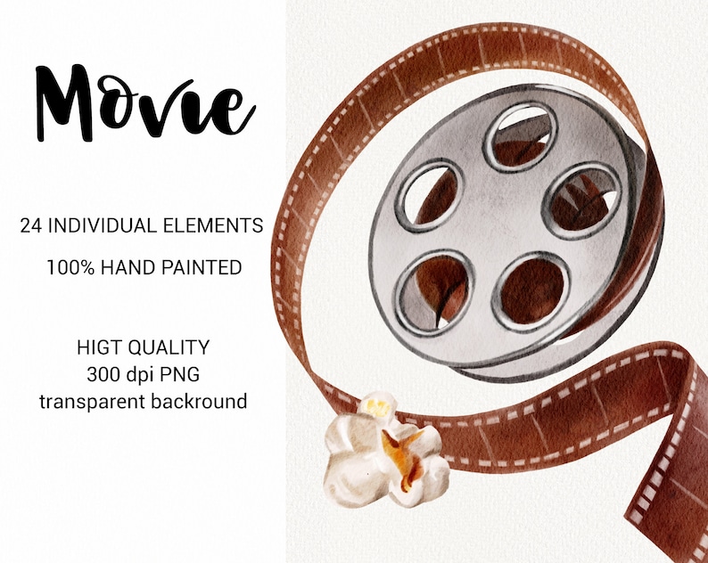 Movie Clipart, Watercolor Cinema Clipart, Summer Clip Art, Film ...