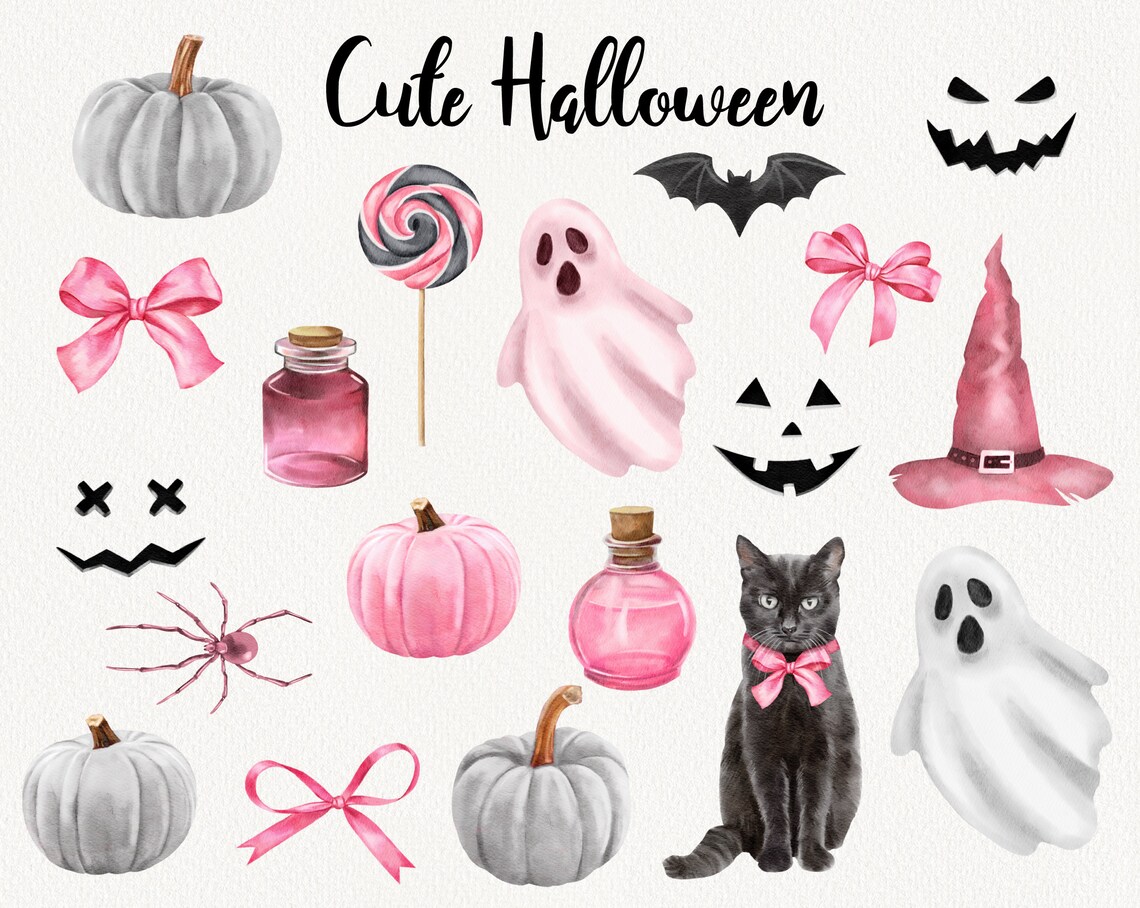 Happy Halloween Clipart Watercolor Cute Pink Halloween - Etsy
