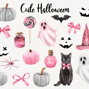 Happy Halloween Clipart, Watercolor Cute Pink Halloween, Pumpkin Cat ...