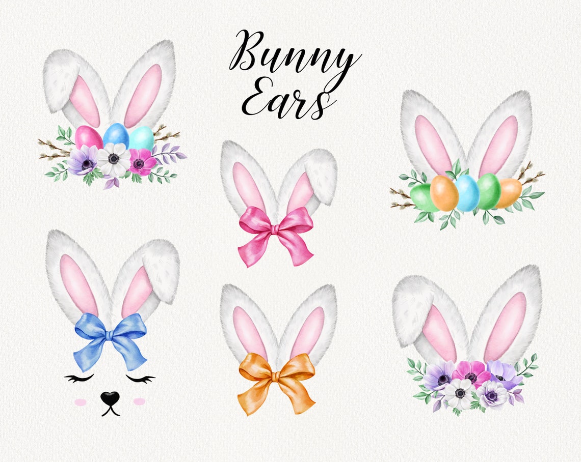 Watercolor Easter Bunny Ears Clipart, Cute Bunny Face Clip Art, Easter ...