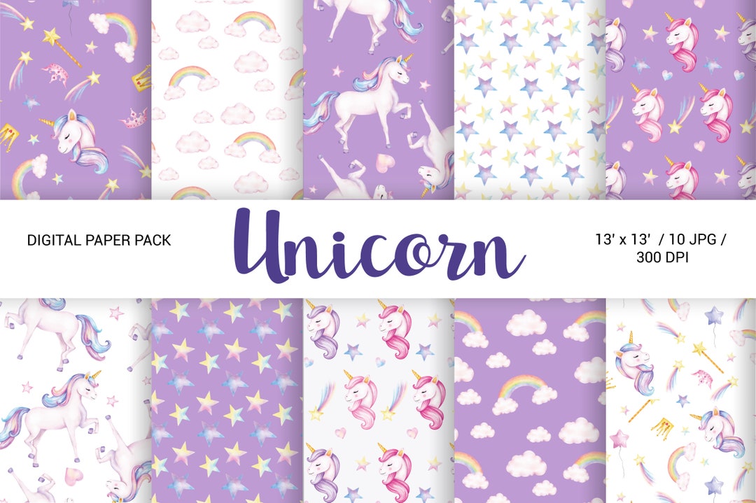 Watercolor Unicorns Digital Paper Pack, Rainbow Unicorns, Clouds ...