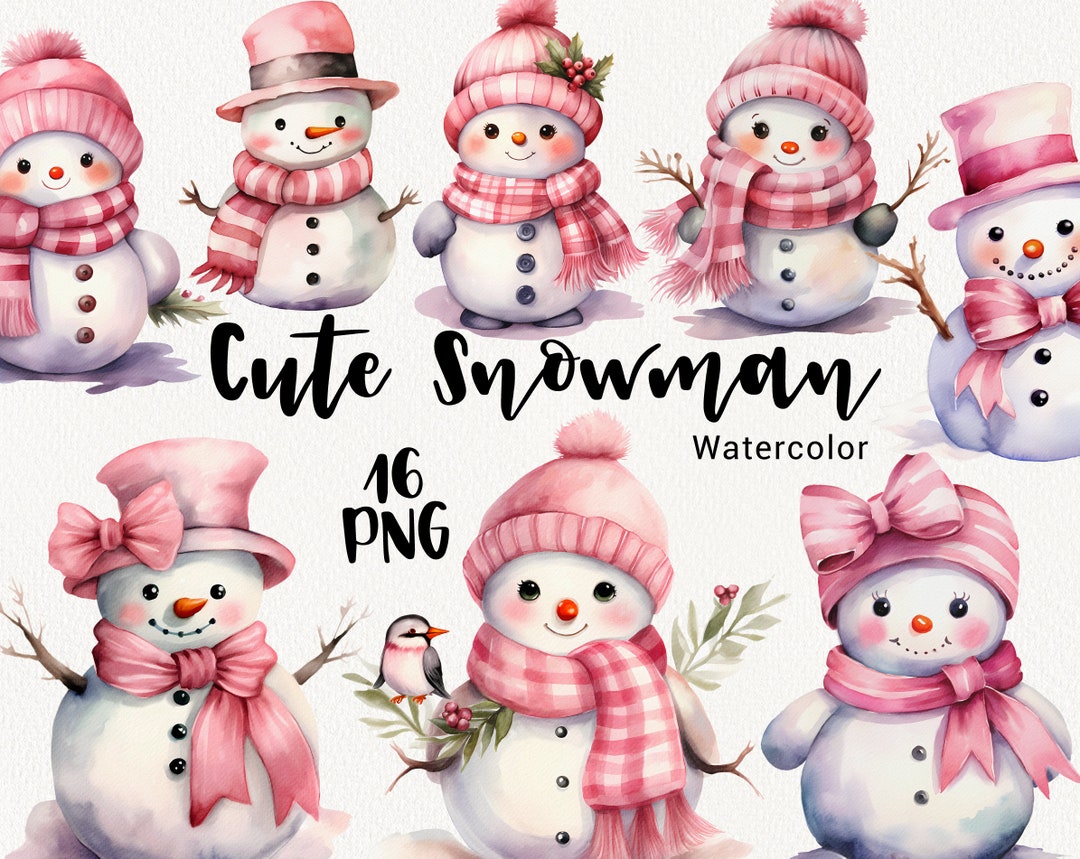 Cute Snowman Clipart, Watercolor Christmas Pink, Cozy Winter Holiday ...