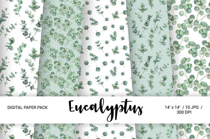 Watercolor Eucalyptus, Digital Seamless Paper Pack, Greenery Pattern ...