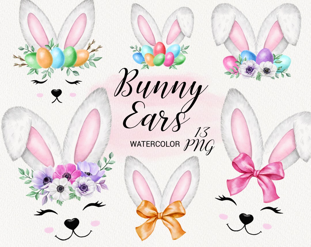 Watercolor Easter Bunny Ears Clipart, Cute Bunny Face Clip Art, Easter ...