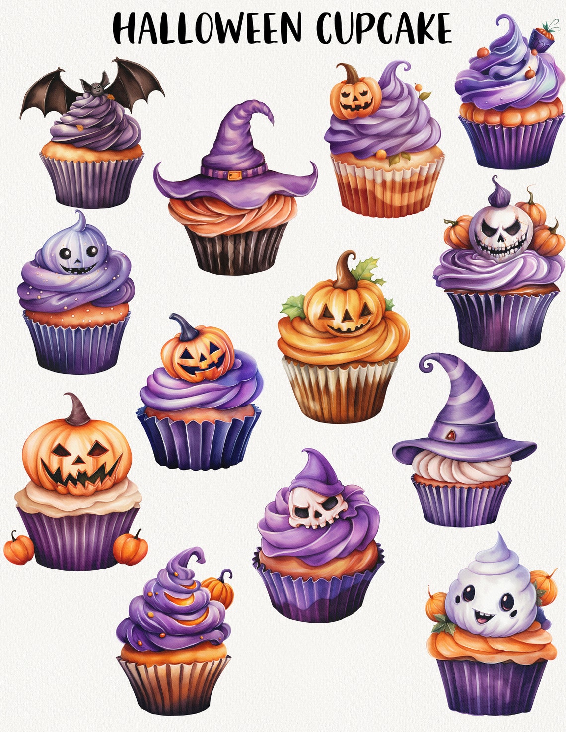Watercolour Halloween Cupcake Clipart, Cute Candy, Witch Hat, Spooky ...