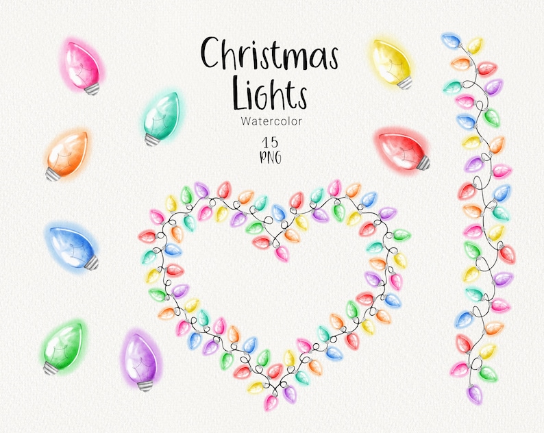 Christmas Lights Clipart, Watercolor Clip Art, String of Christmas ...
