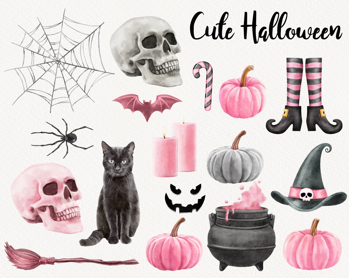 Happy Halloween Clipart Watercolor Cute Pink Halloween - Etsy