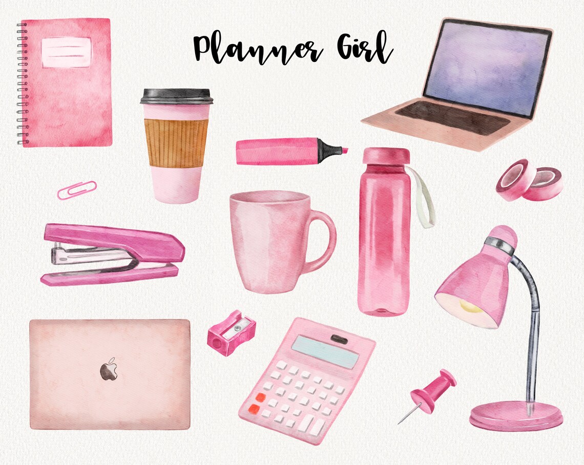 Planner Girl Watercolor Clipart School Supplies Clipart Back - Etsy