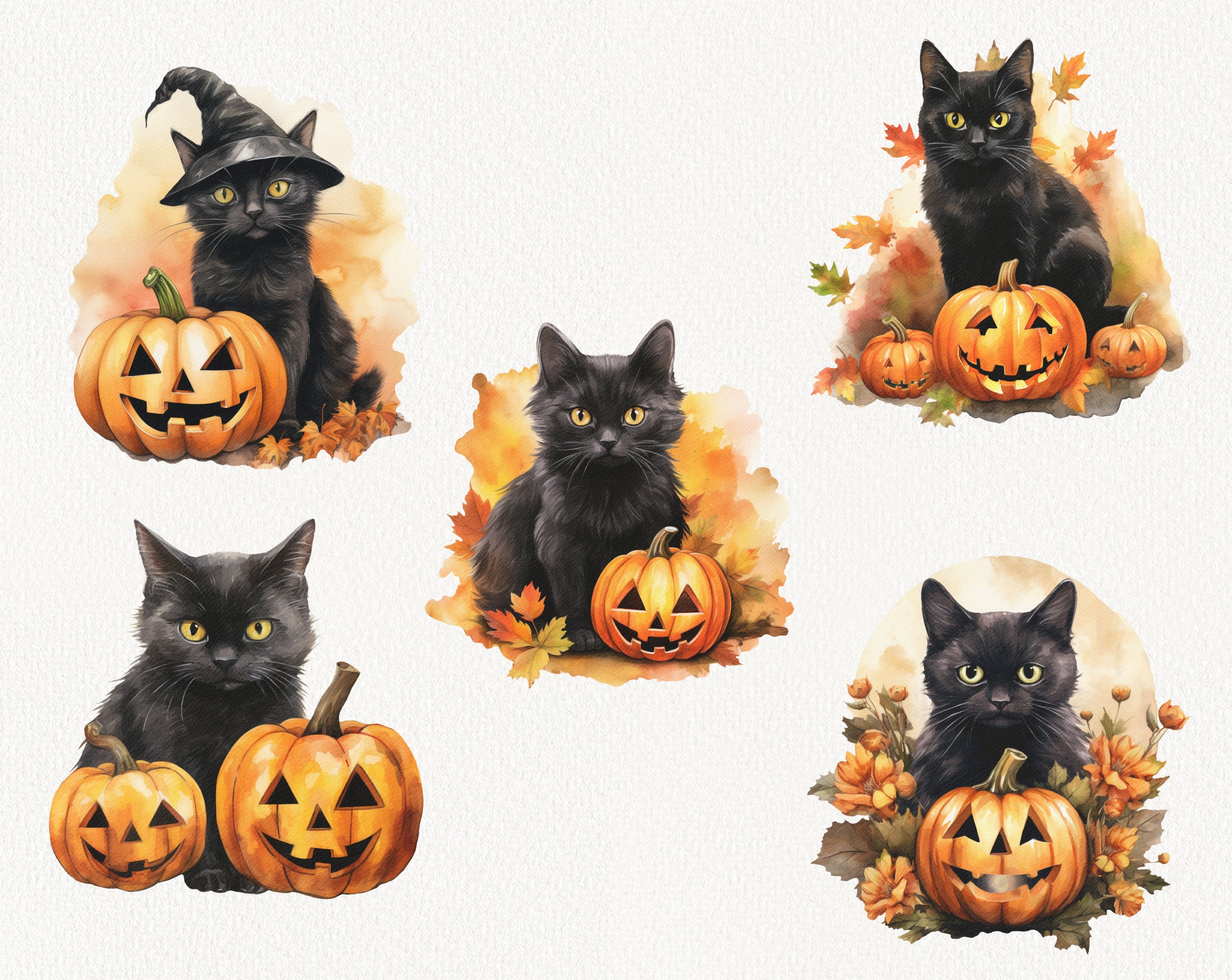 Watercolor Halloween Black Cat Clipart, Spooky Witch Cat, Cute Pumpkin ...