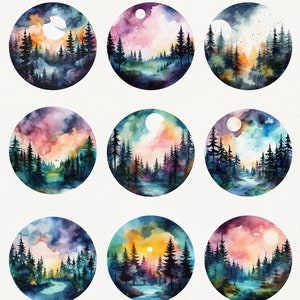 Watercolor Forest Clipart, Night Landscape, Pine Trees, Cosmic Sky With ...