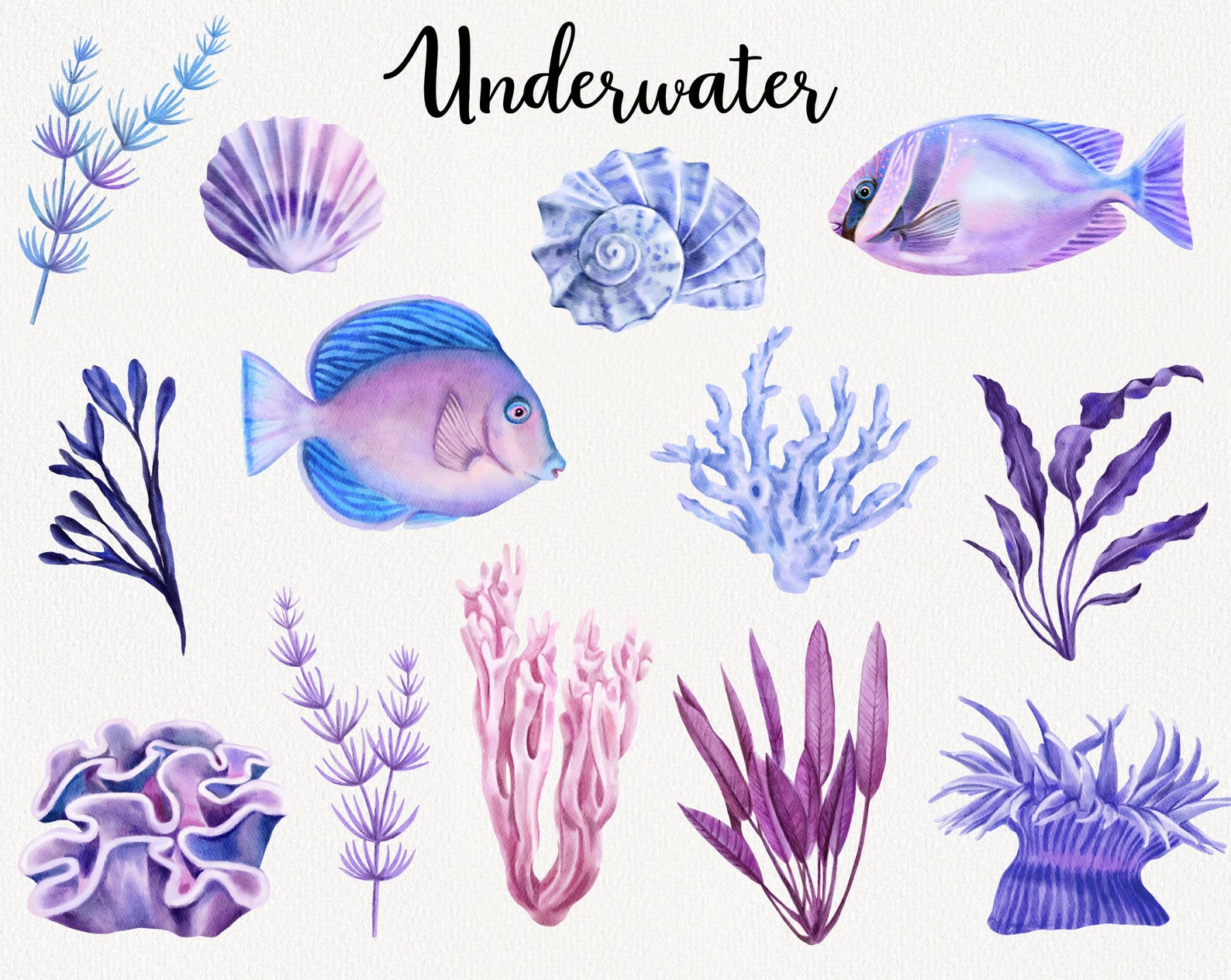 Watercolor Underwater Clipart, Nautical Clip Art, Sea Life, Fish, Coral ...