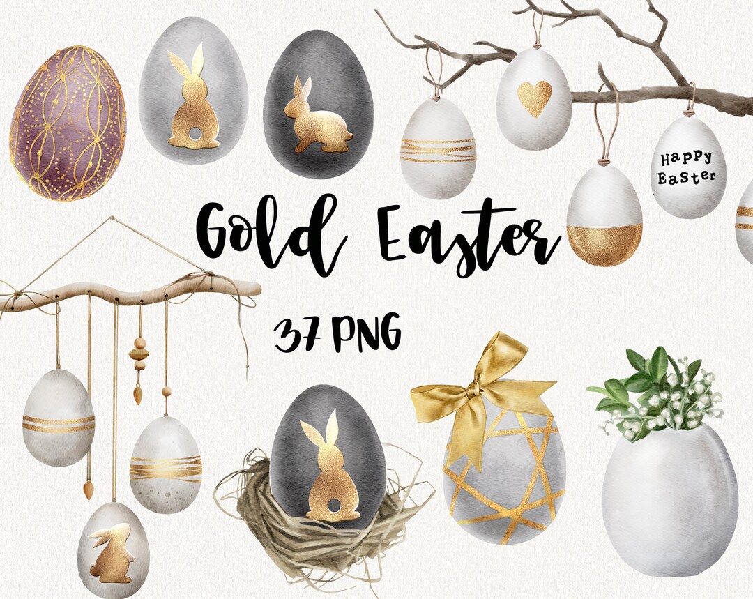 Watercolor Easter Clipart, Spring Holiday Gold Eggs Clip Art, Bird Egg ...