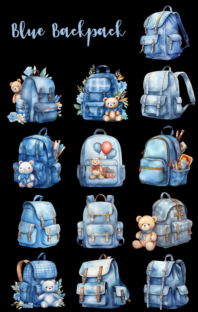 Watercolor Blue Backpack clipart, Back to School, Planner Clip Art ...