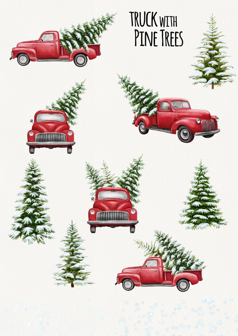 Watercolor Christmas Truck Vintage Red Pickup With Trees Clip - Etsy