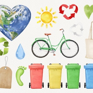 Watercolor Earth Day Clipart, Ecological Icons, Greenery Clipart, Love ...
