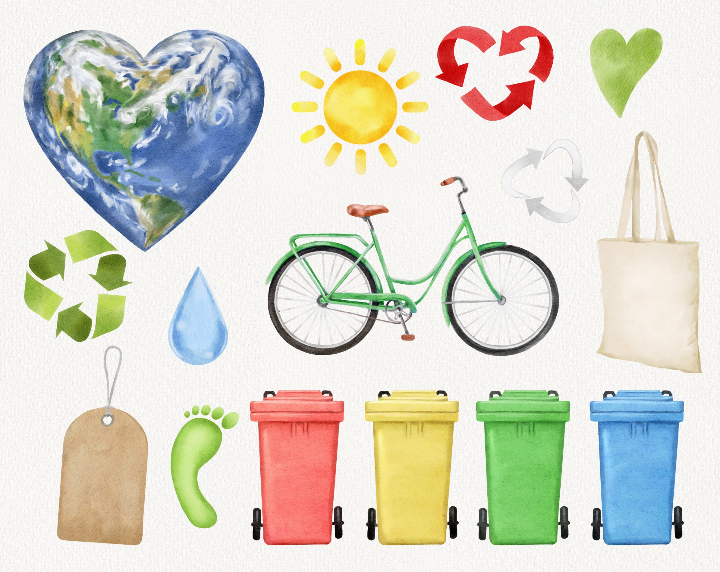 Watercolor Earth Day Clipart, Ecological Icons, Greenery Clipart, Love ...