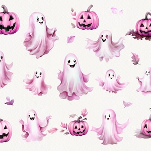 Watercolor Cute Pink Ghost Clipart, Happy Halloween, Funny Pumpkin ...