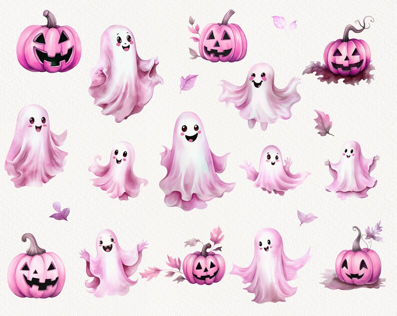 Watercolor Cute Pink Ghost Clipart, Happy Halloween, Funny Pumpkin ...