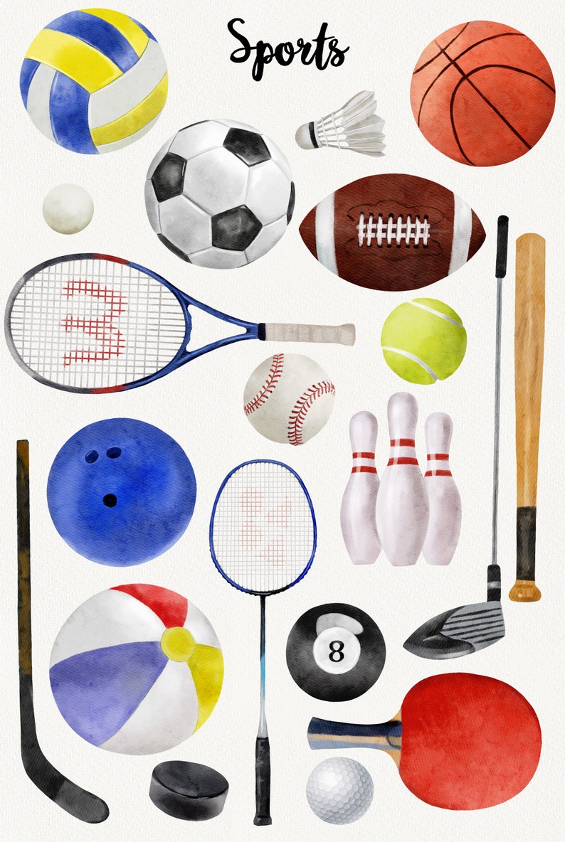 Watercolor Sports Clipart Football Basketball Baseball - Etsy