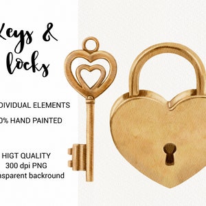 Valentine's Day Clipart, Watercolor Heart Keys and Locks Clip Art, Love ...