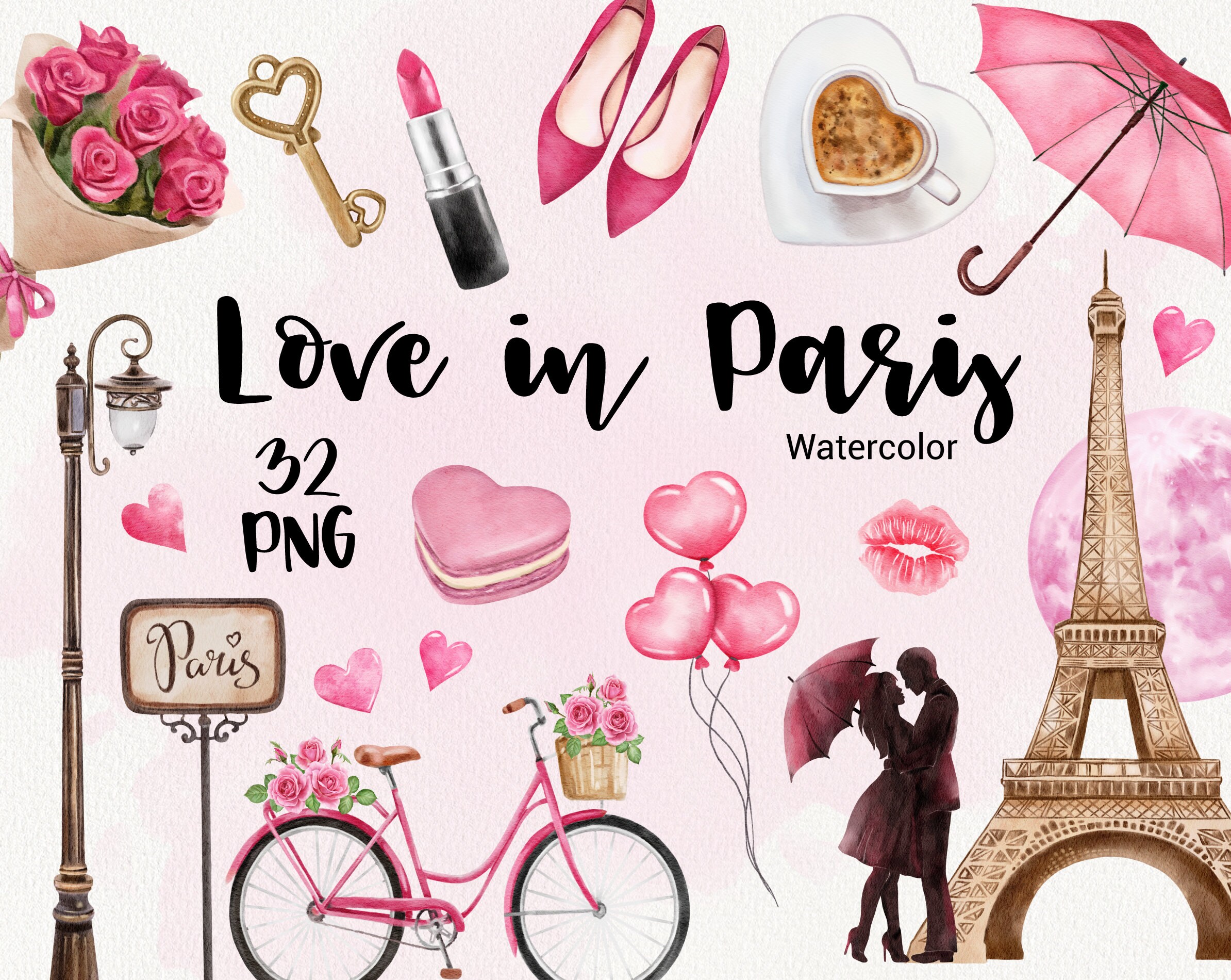 Valentine's Day Clipart Watercolor Paris Love Clip Art - Etsy