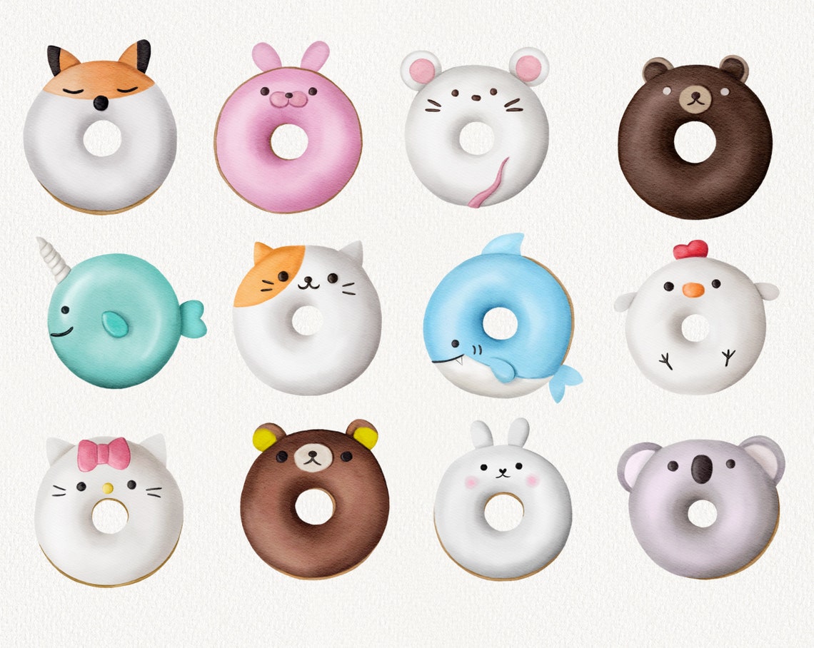 Watercolor Donuts Clipart, Cute Animal Donut Clip Art, Kids Birthday ...