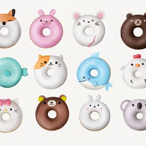 Watercolor Donuts Clipart, Cute Animal Donut Clip Art, Kids Birthday ...