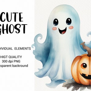Watercolor Cute Ghost Clipart, Happy Halloween, Funny Pumpkin, Fall ...