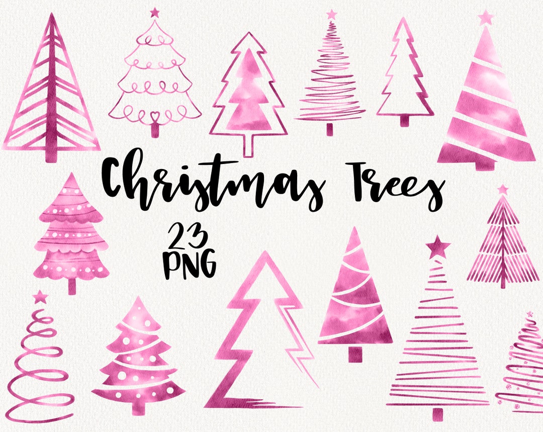 Cute Pink Christmas Tree Clipart, Watercolor Trees Doodles, Winter ...